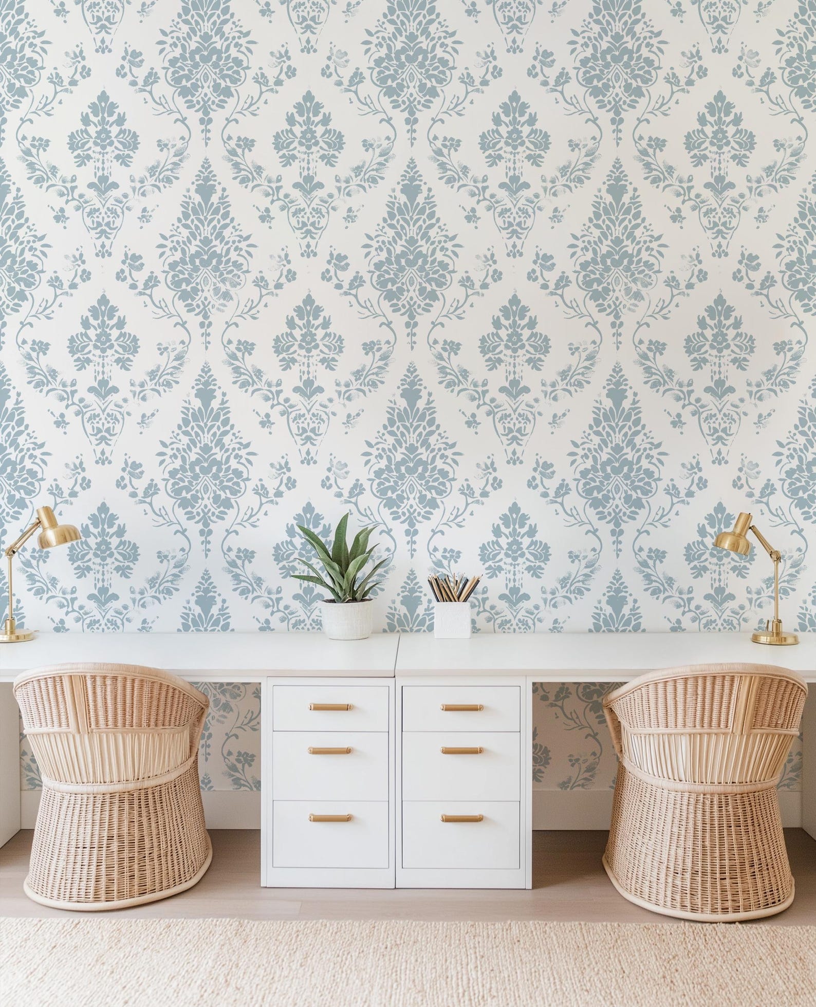 Dusty Blue Damask Wallpaper Peel and Stick, Victorian Style Wall Mural ...