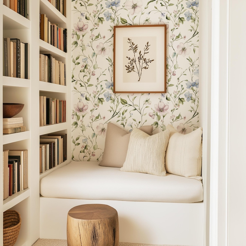 Romantic Soft Floral Vine Wallpaper, Watercolor Pink and Blue Flowers ...