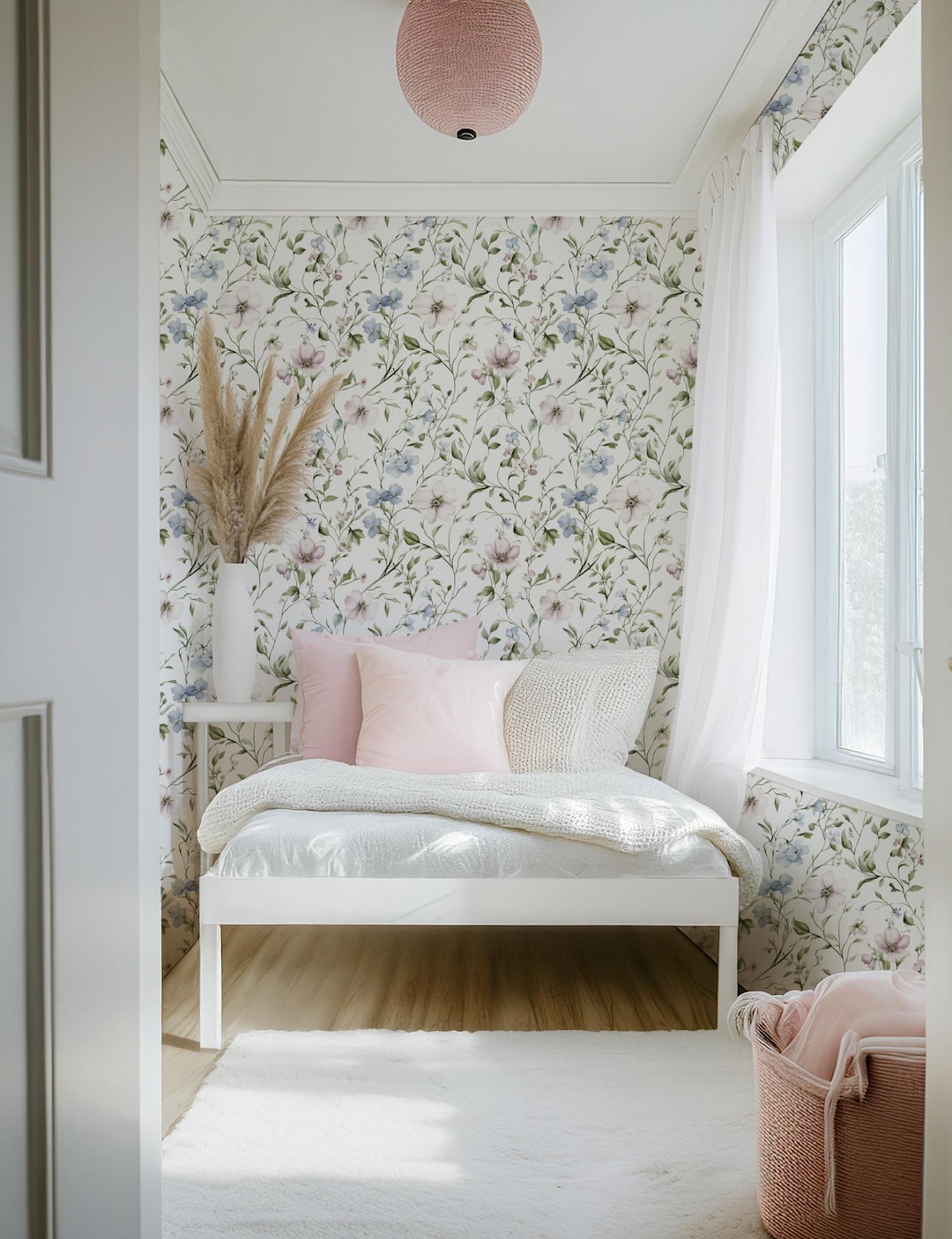 Romantic Soft Floral Vine Wallpaper, Watercolor Pink and Blue Flowers ...