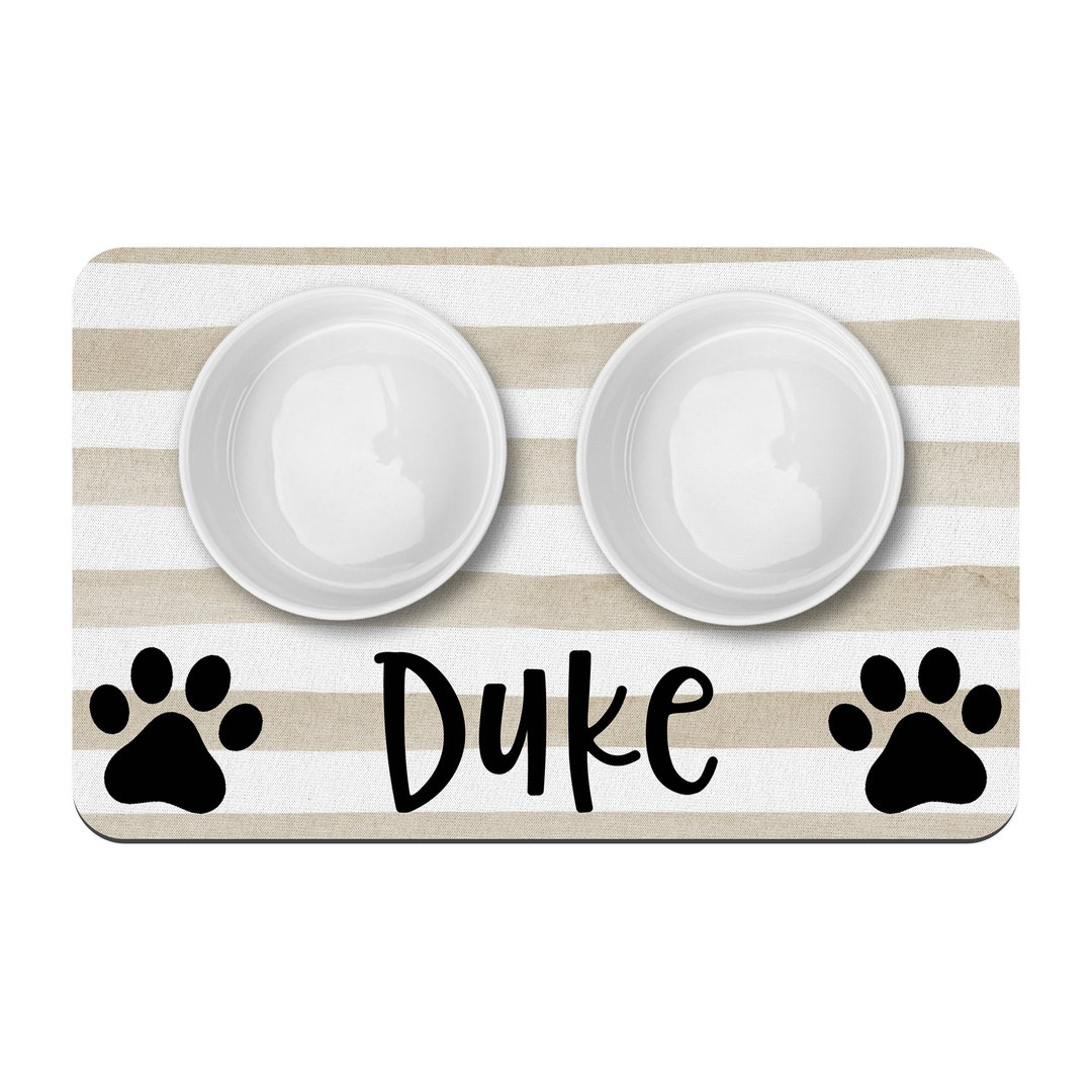 Paw Prints and Tan Beige Stripe Personalized Pet Mat / Pet Name / Cat ...
