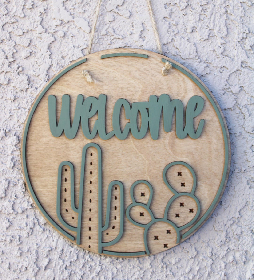 Cactus Front Door Welcome Sign, Engraved and 2 Layer Wood Hanging Porch ...