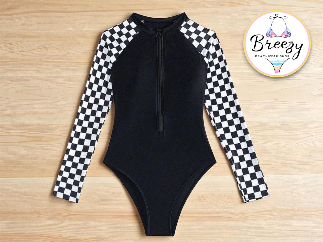 Black Long Sleeve Swimsuit | Checkerboard Surf Bodysuit - Etsy