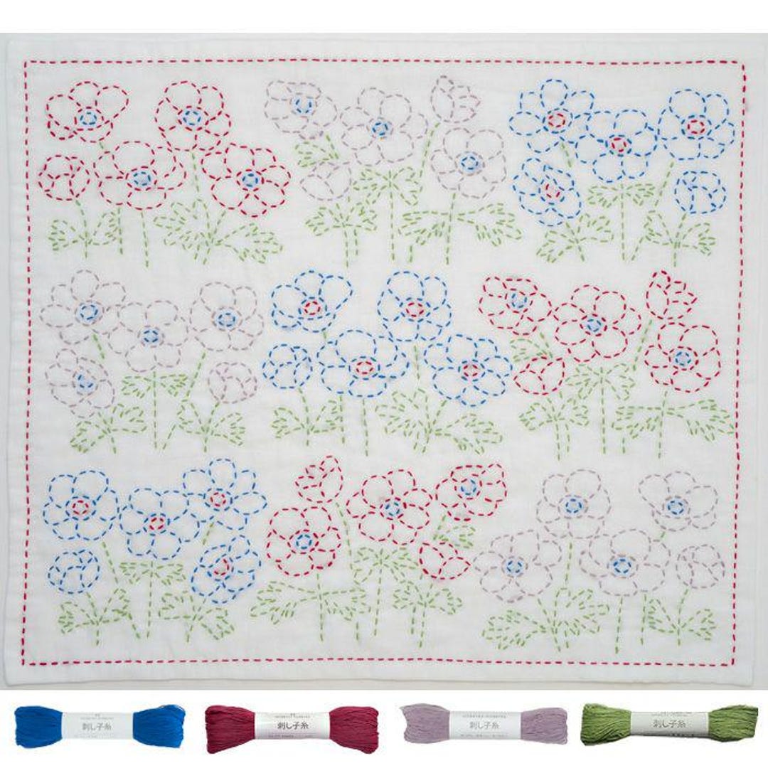 Sashiko Kit "anemone Garden" | Cute Floral Embroidery | 4 Colors Cotton ...