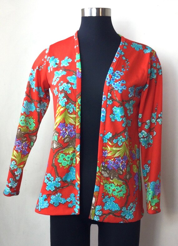 1970s red-orange cherry blossom print polyester open … - Gem