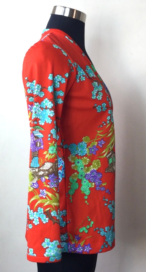 1970s red-orange cherry blossom print polyester open … - Gem