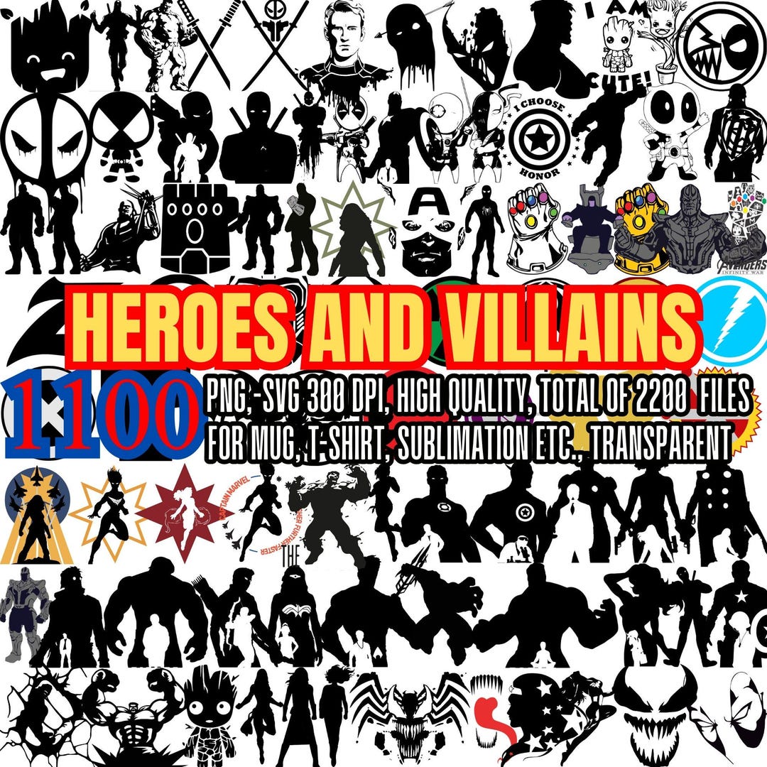 1100 Heroes and Villains PNG SVG Bundle File, Hero Collection, Villain ...