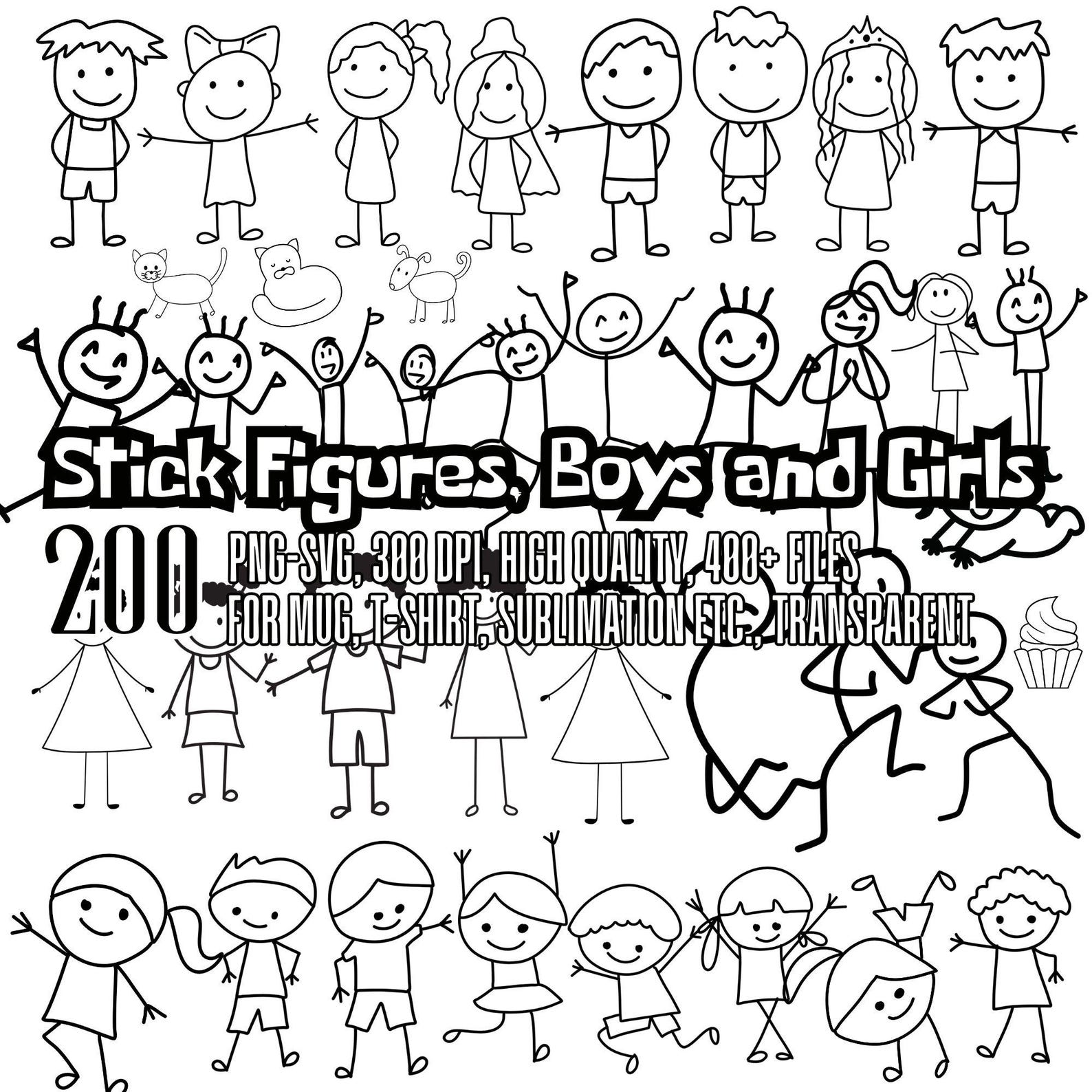 200 Stick Figures, Boys and Girls Silhouette, PNG SVG Bundle File ...