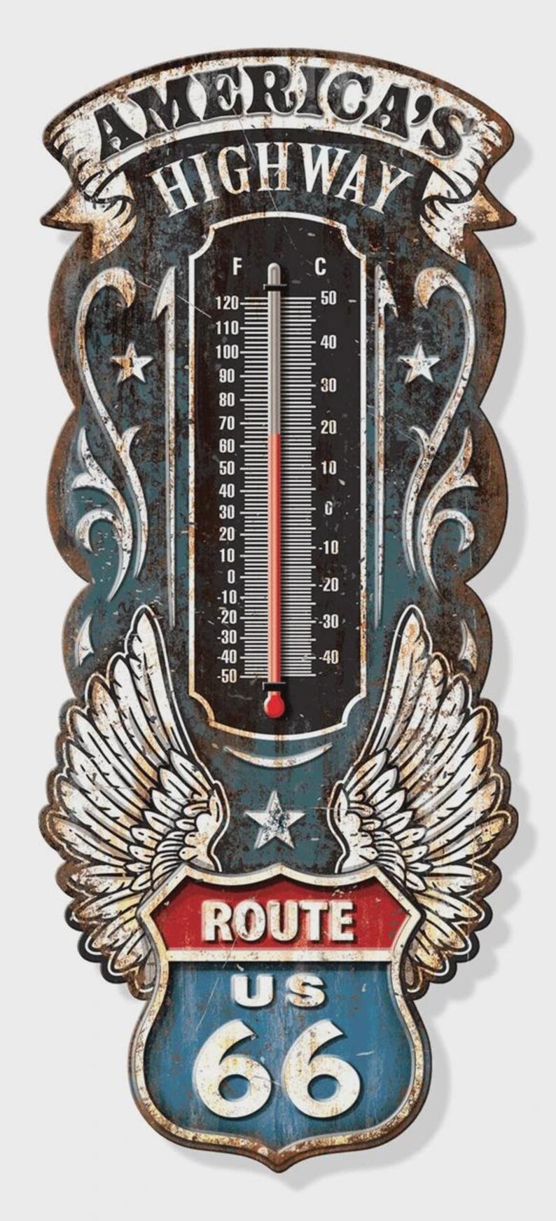 Route 66 Highway Thermometer Steel Embossed Garage, Man Cave, Bar ...