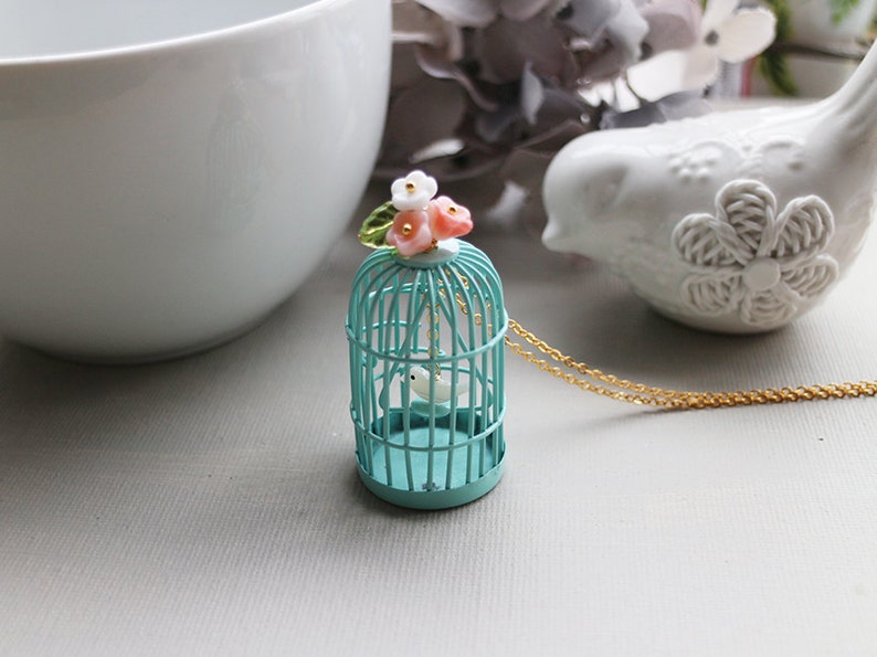 Birdcage Necklace. Whimsical Bird Cage in Blue With Pink - Etsy