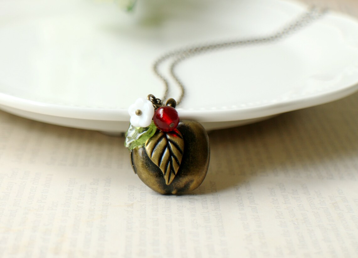 Apple Locket Necklace. Antique Brass Apple Locket With Flower | Etsy