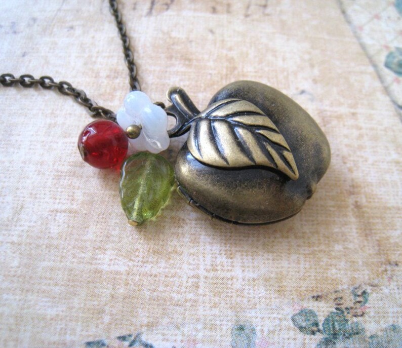 Apple Locket Necklace. Antique Brass Apple Locket With Flower | Etsy