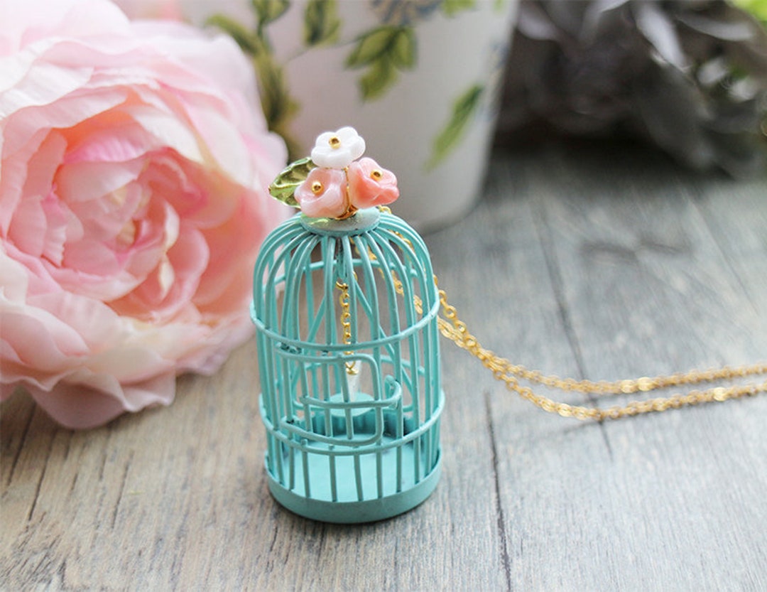 Birdcage Necklace. Whimsical Bird Cage in Blue With Pink - Etsy