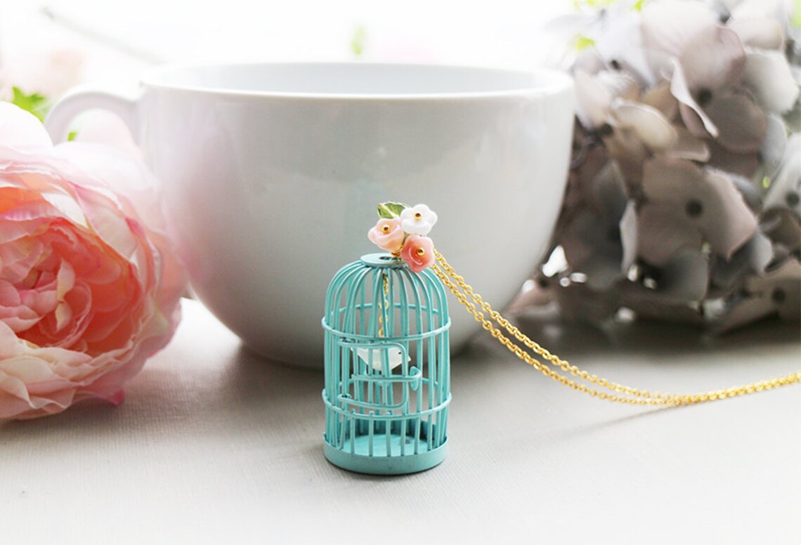 Birdcage Necklace. Whimsical Bird Cage in Blue With Pink - Etsy