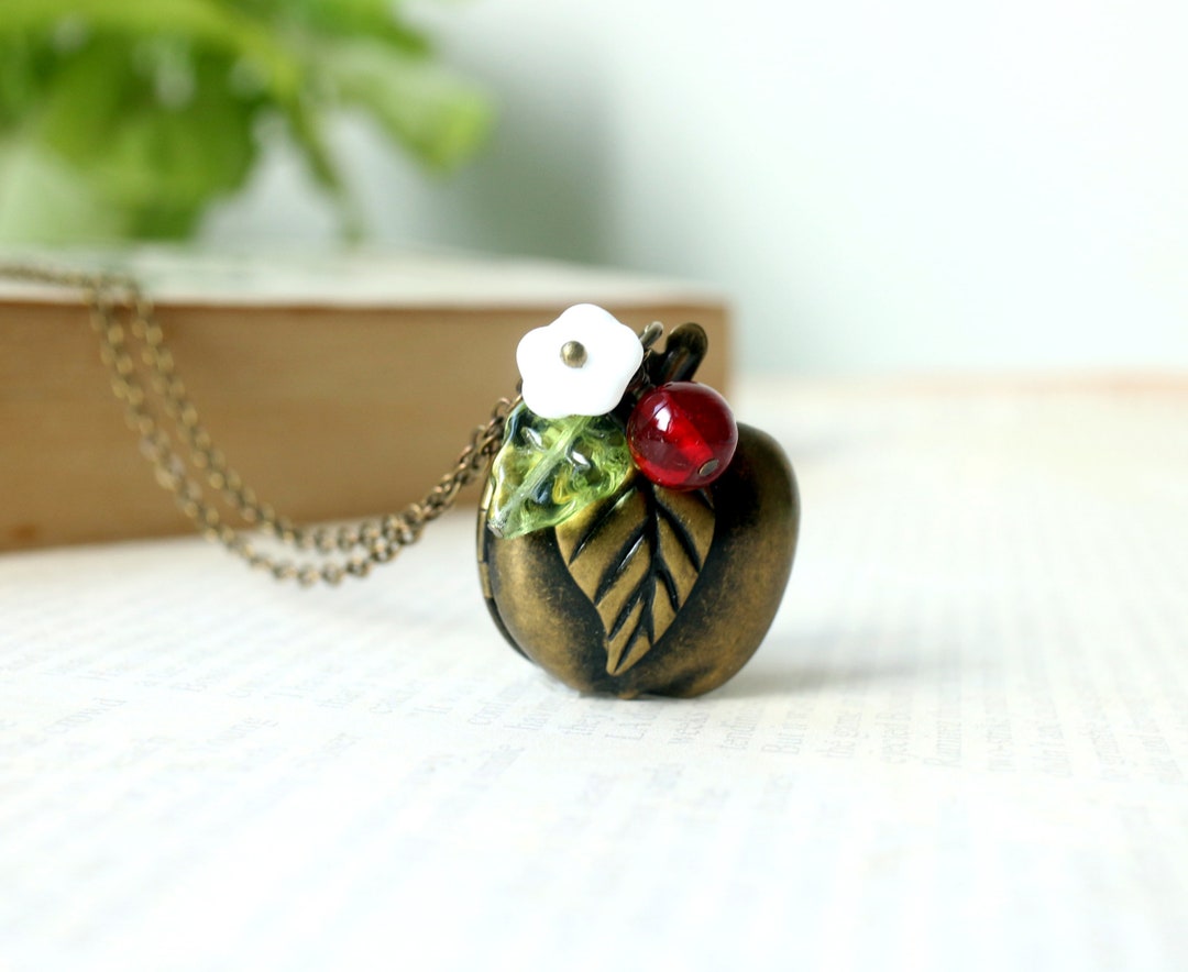 Apple Locket Necklace. Antique Brass Apple Locket With Flower - Etsy