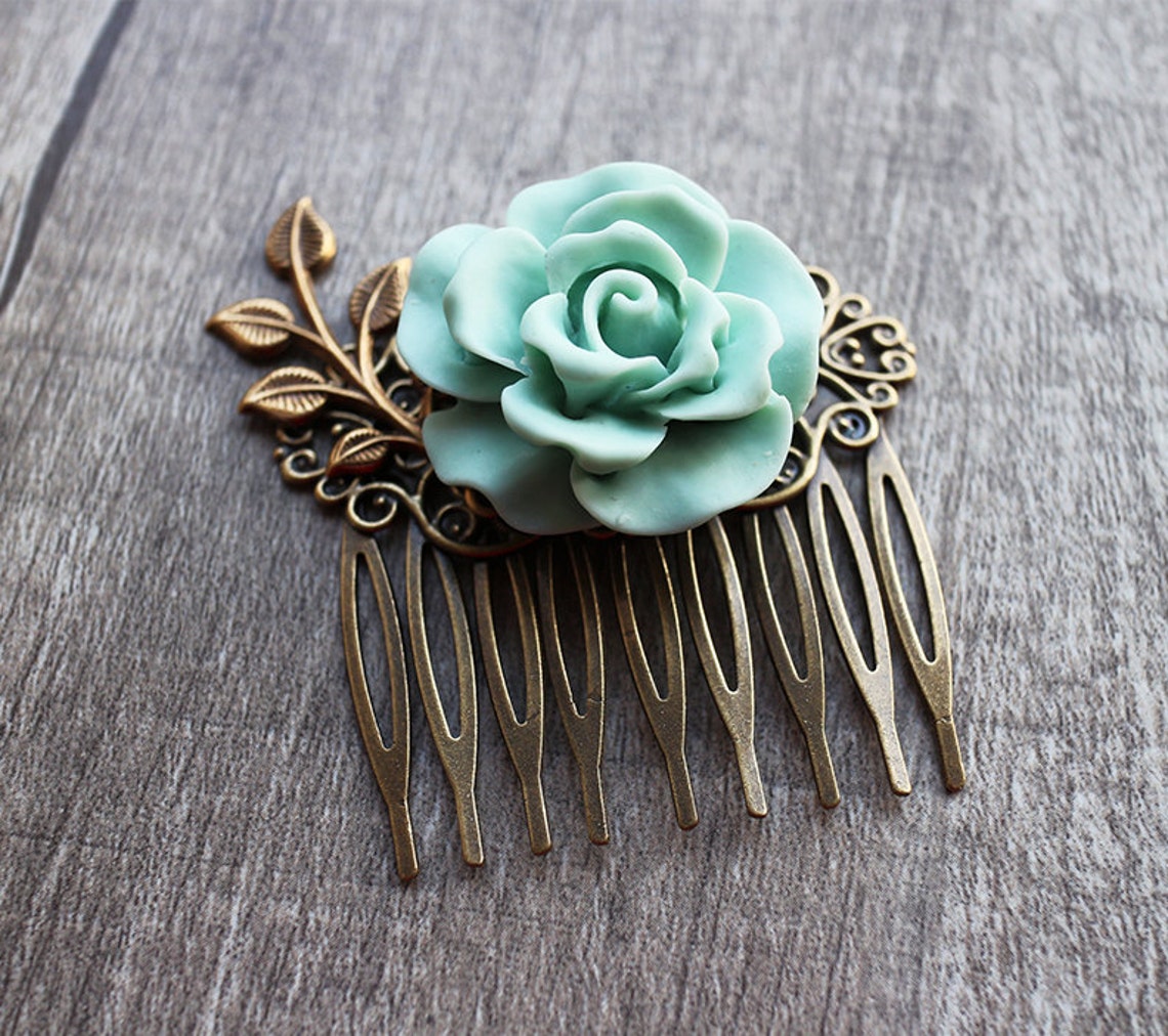 Rose Hair Comb. Opaque Mint Hair Comb. Vintage Style Hair | Etsy