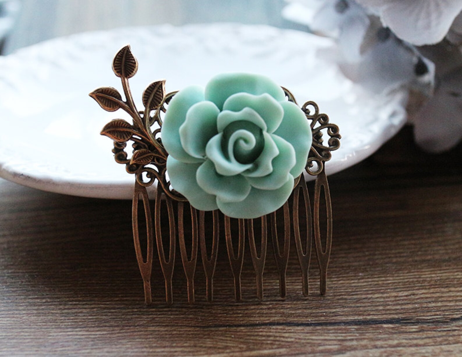 Rose Hair Comb. Opaque Mint Hair Comb. Vintage Style Hair - Etsy