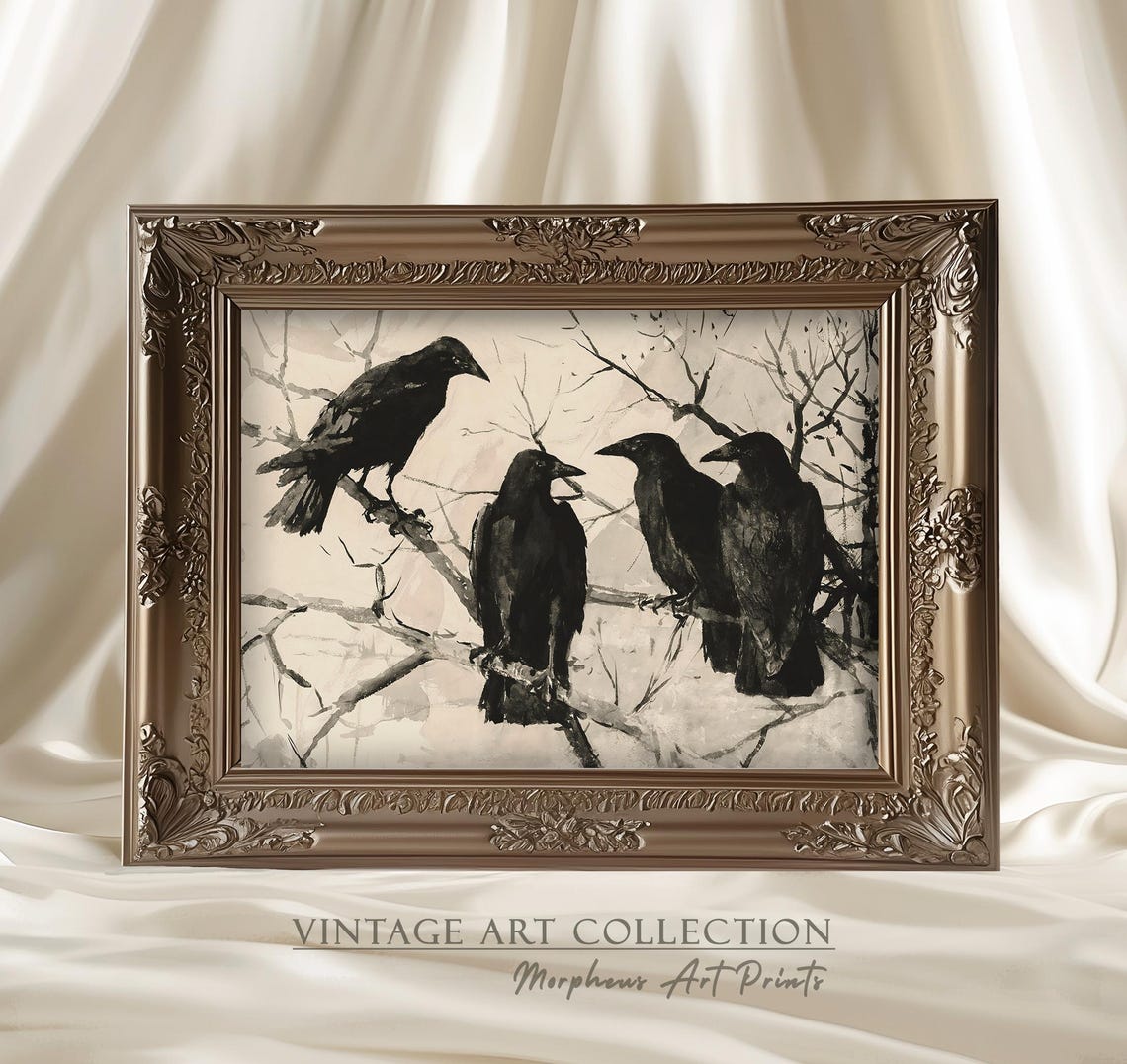 Crows on Branches | Vintage Art Print | Monochrome Bird Wall Art ...
