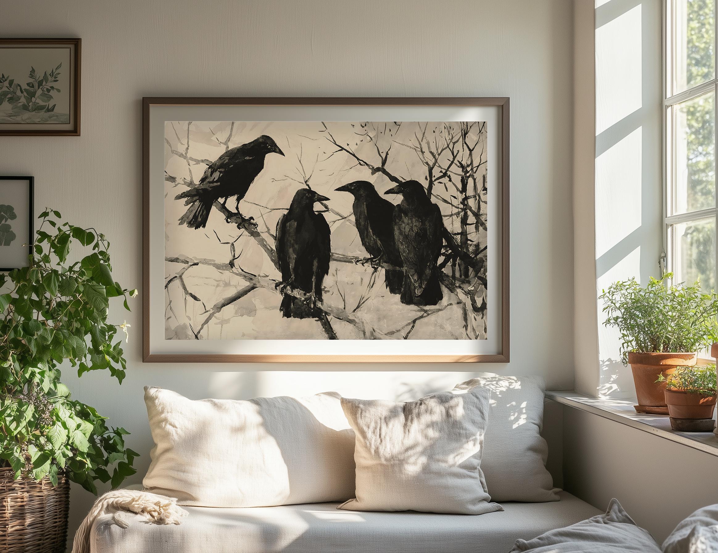 Crows on Branches | Vintage Art Print | Monochrome Bird Wall Art ...