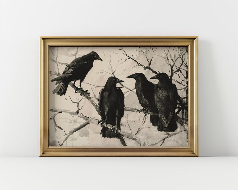 Crows on Branches | Vintage Art Print | Monochrome Bird Wall Art ...