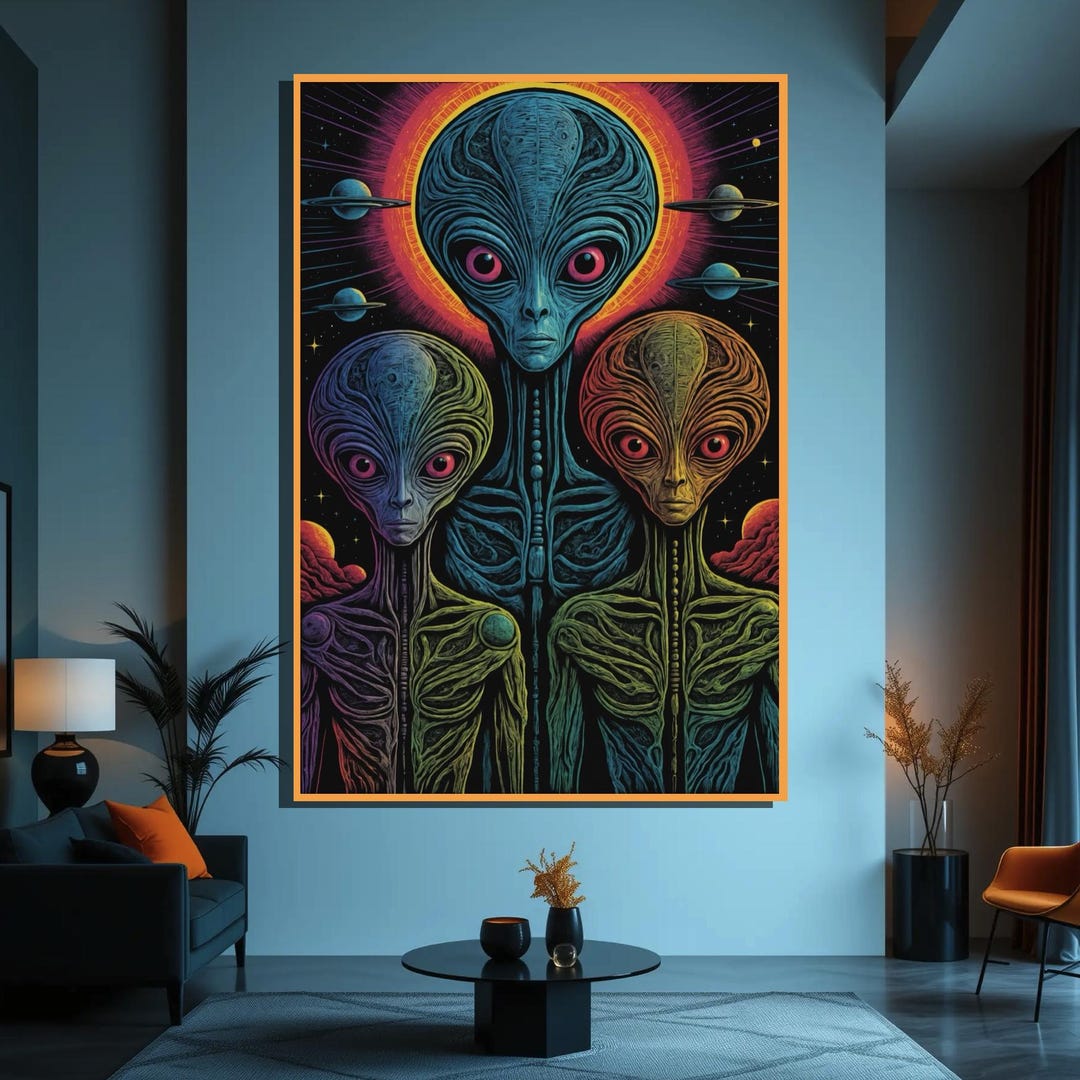 Printable Wall Art: Abstract Alien Linocut in Bright Colors - Cosmic ...