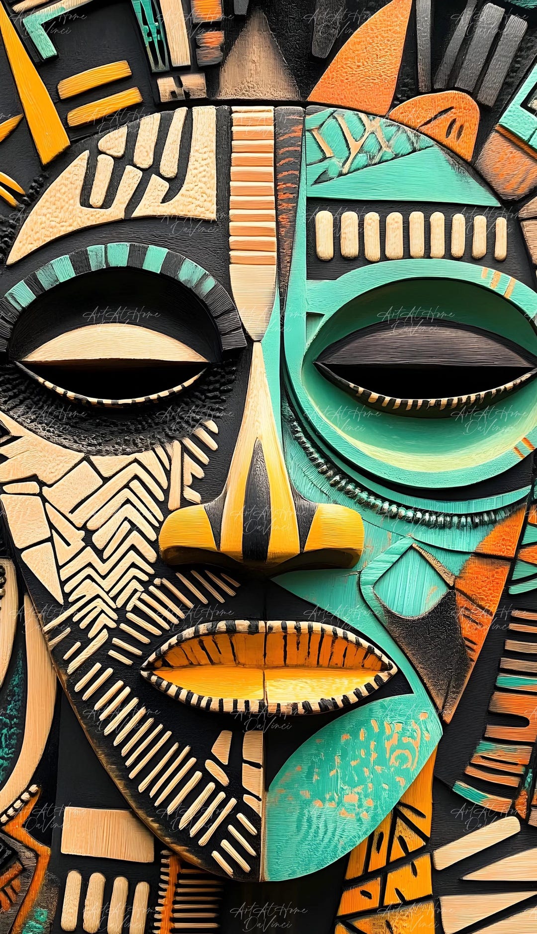 Printable Wooden African Mask - Abstract Tribal Design in Black, Teal ...