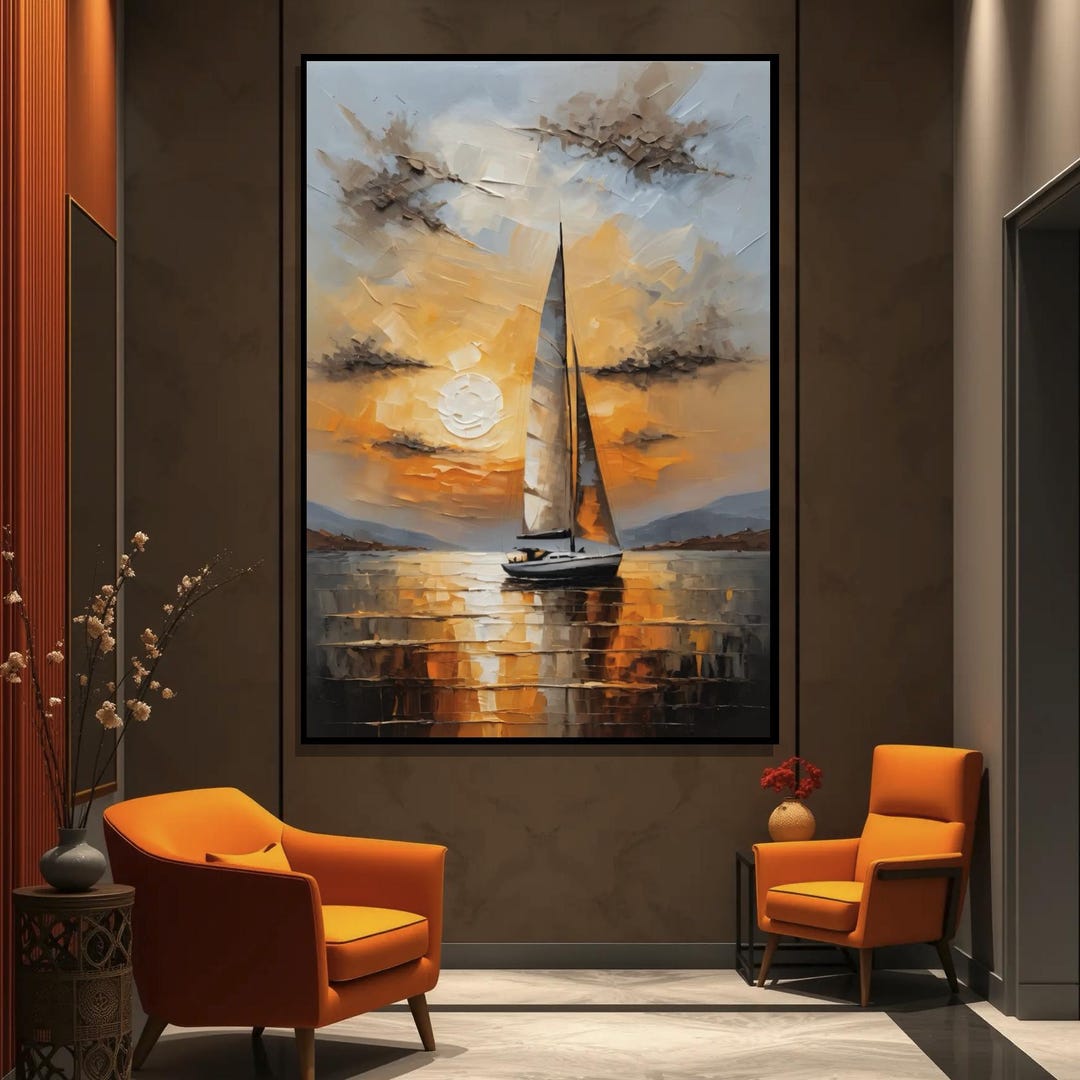 Mural Al Óleo Digital: Paisaje Rústico De Atardecer Con Velero Moderno ...