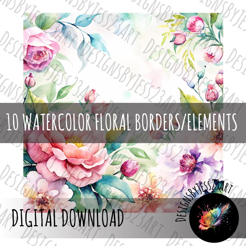 10 Watercolor Floral Border Elements Bundle 1 Digital Download JPG ...
