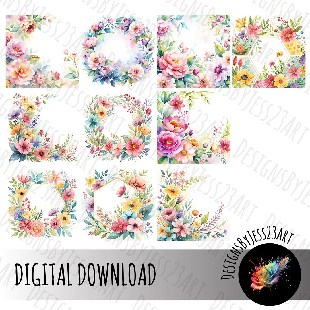 10 Watercolor Floral Border Elements Bundle 1 Digital Download JPG ...
