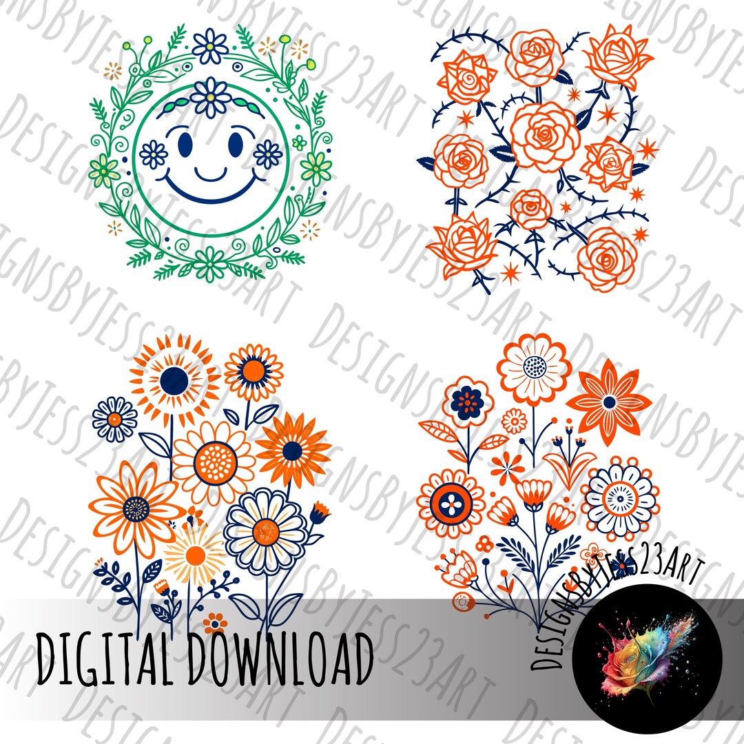 Boho Floral and Smiley Face Simple Art 4 Pack Digital Download Vector ...