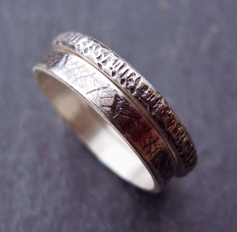 Leaf and Tree Bark Rings in Silver | Etsy