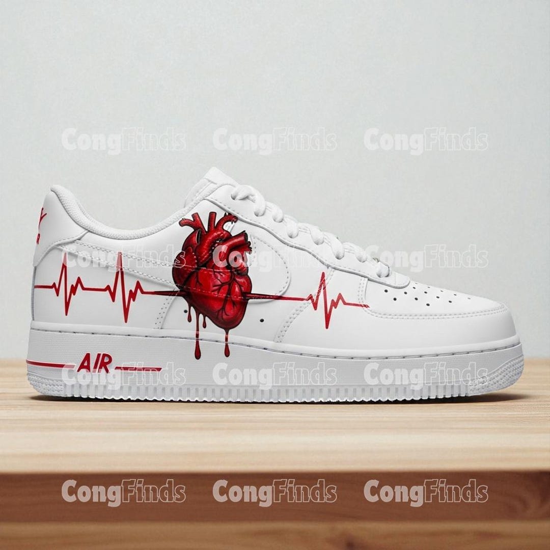 Hand Painted Heart Air Force 1, Custom Red ECG Sneakers, Unique Love ...