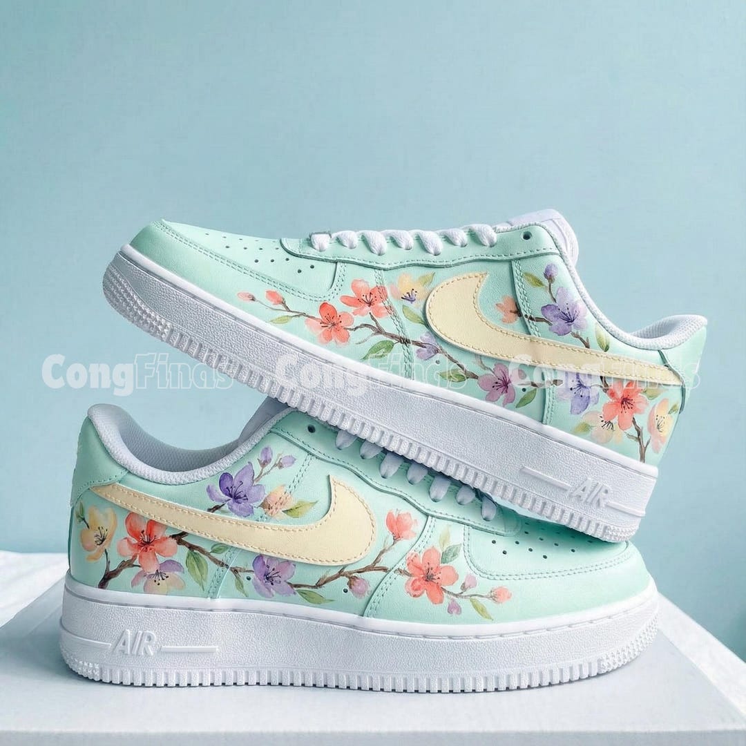 Custom Air Force 1 Shoes, Hand Painted Floral AF1 Low, Mint Green ...