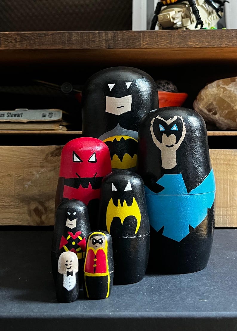 Hand-painted Batfam Nesting Dolls, Batman, Nightwing, Red Hood, Black ...