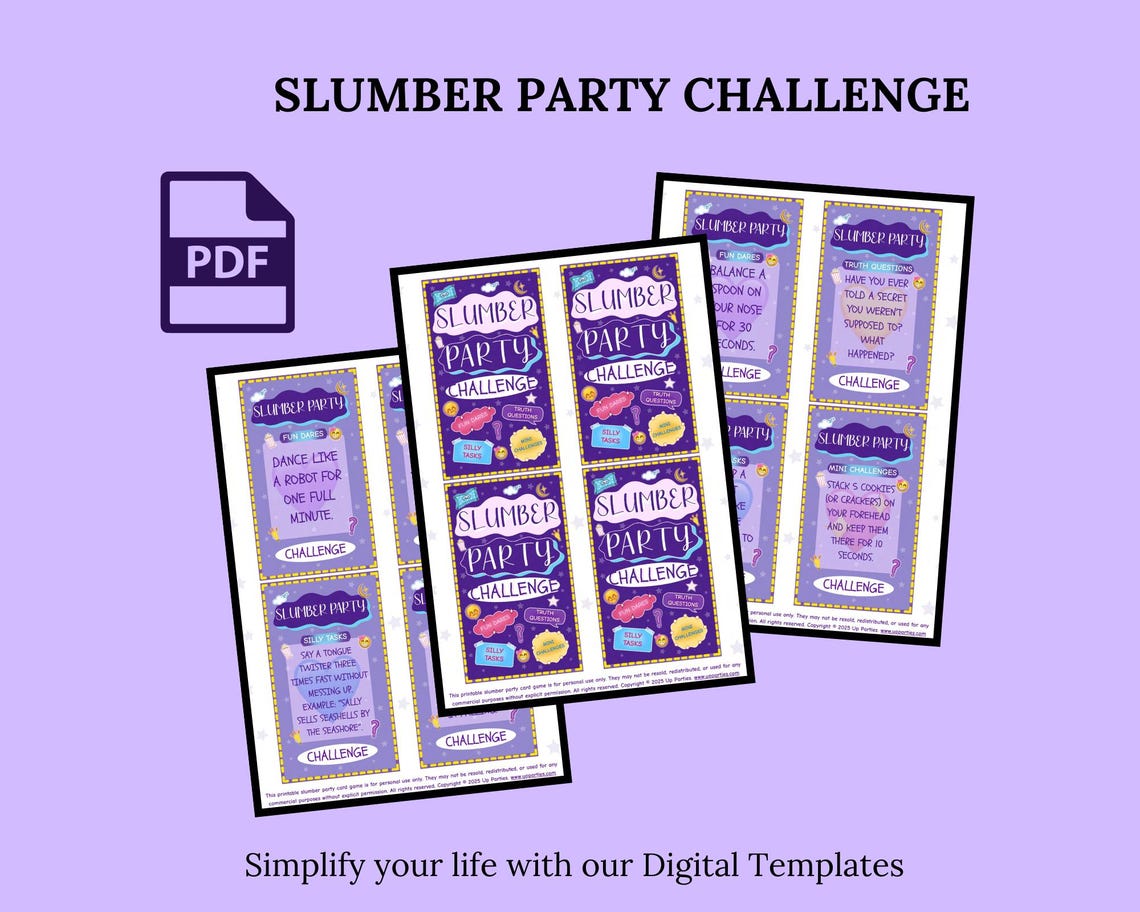 Slumber Party Game, Sleepover Challenge Cards, Girls Night Party Game ...