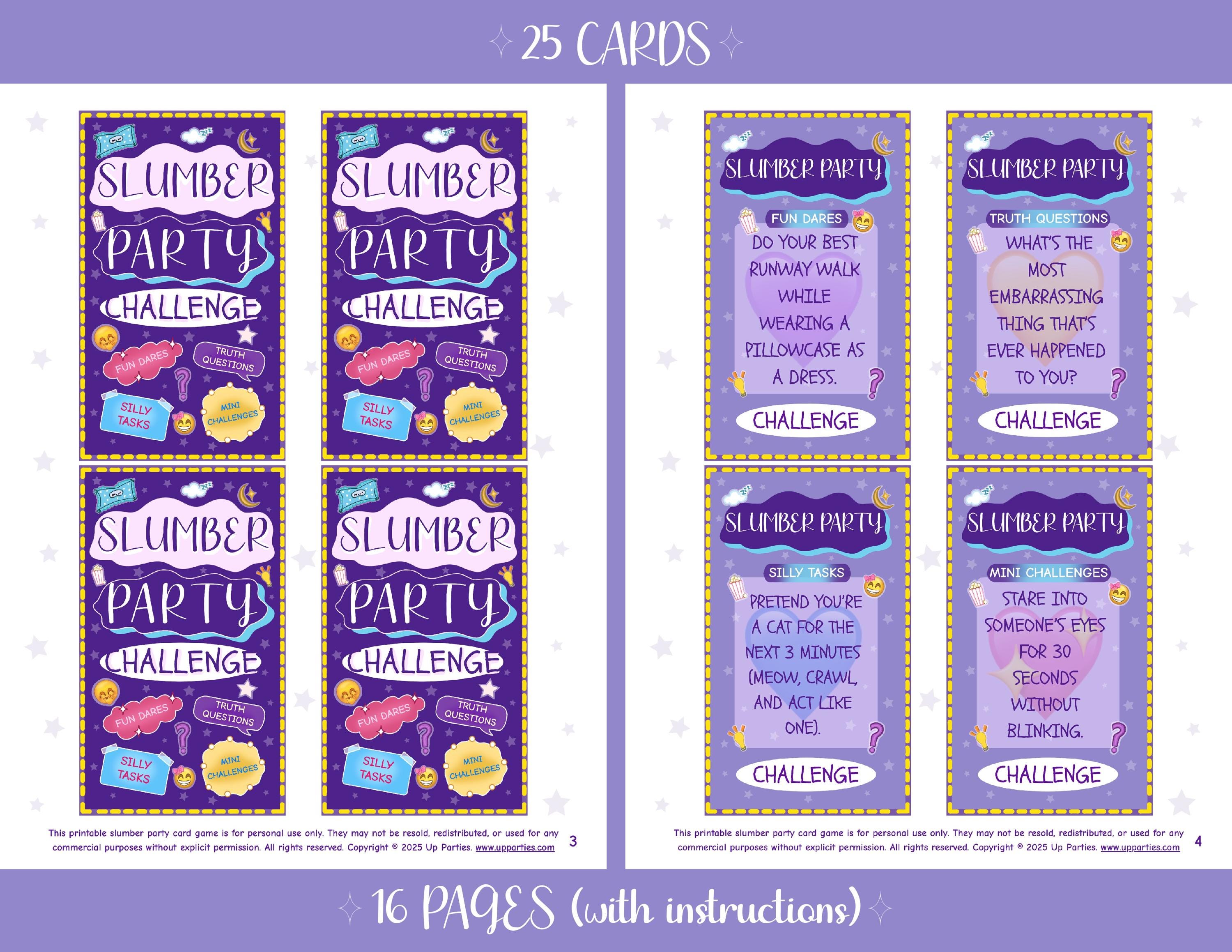 Slumber Party Game, Sleepover Challenge Cards, Girls Night Party Game ...