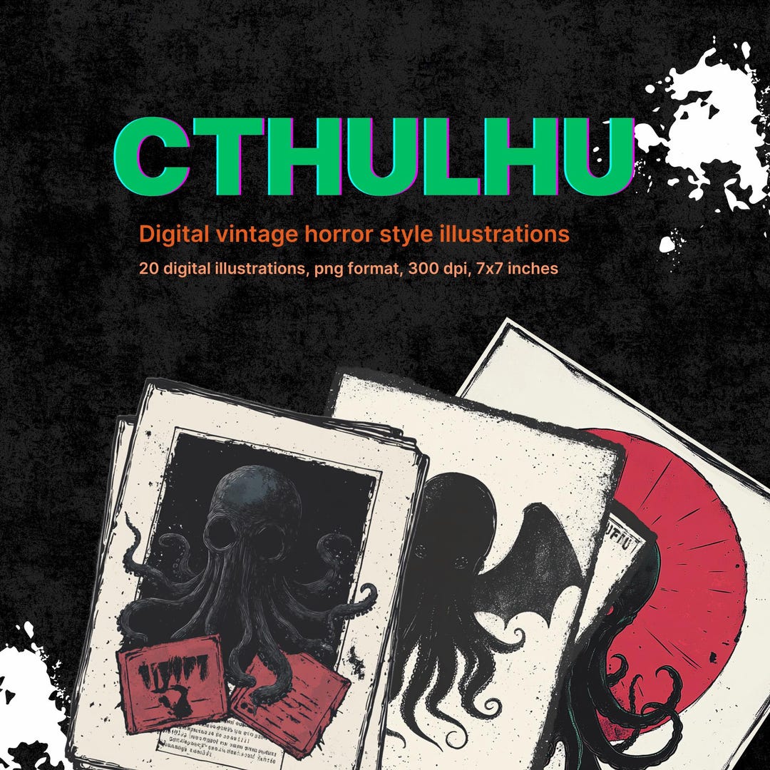 Cthulhu 20 Digital Vintage Horror Style Illustrations, Png, Clipart ...