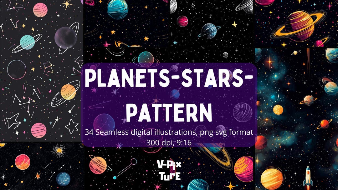 Planets Stars Pattern, Digital Paper, Seamless Pattern, Planets, Stars ...