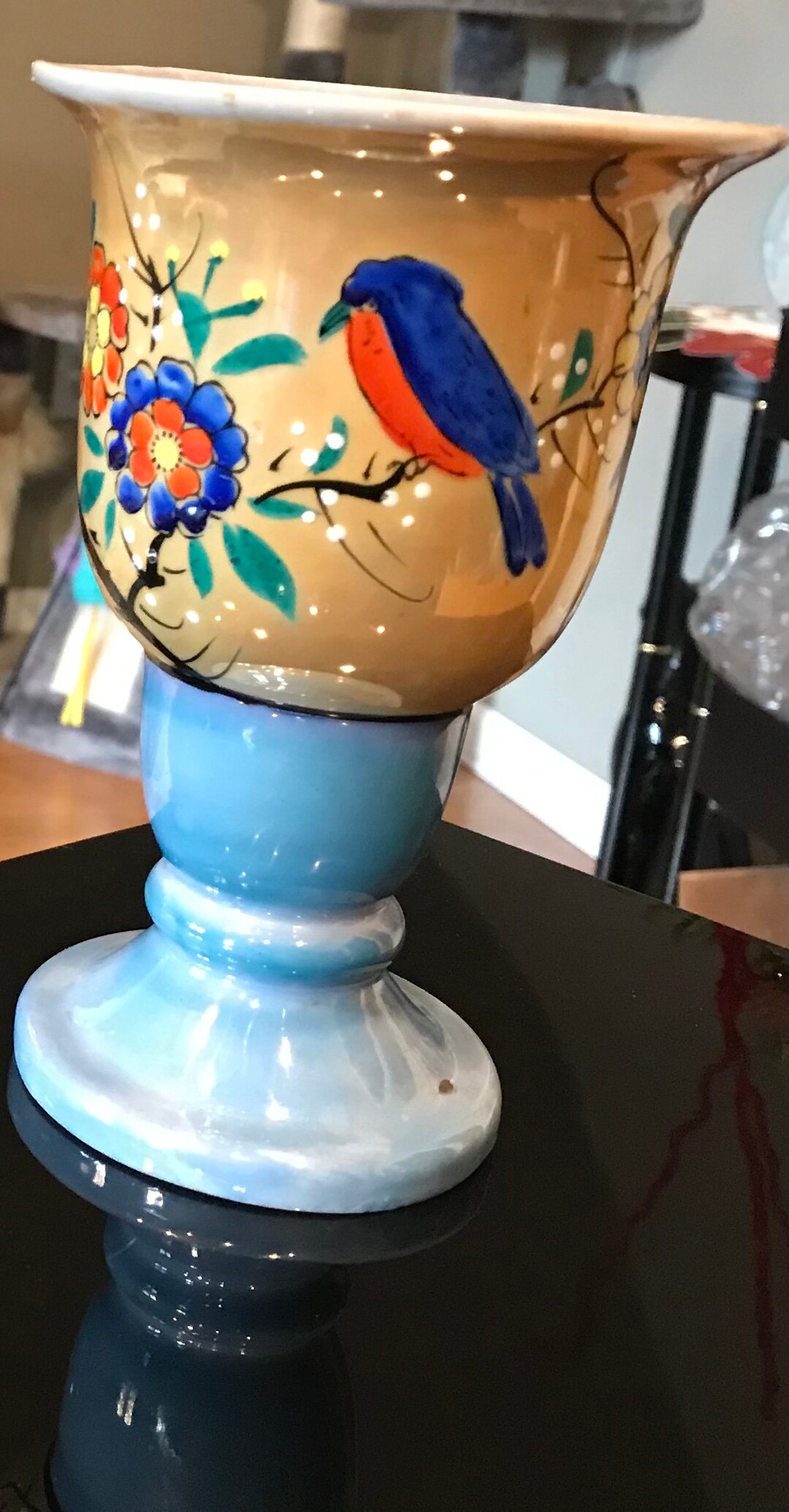 Vintage Japanese Lusterware Ceramic Gold / Blue Goblet Drinking Cup ...