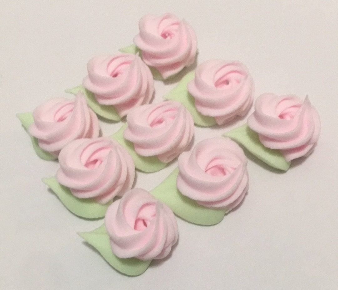 100 Mini Pale Pink Rosettes White Pale Green Leaf Royal Icing Flowers ...