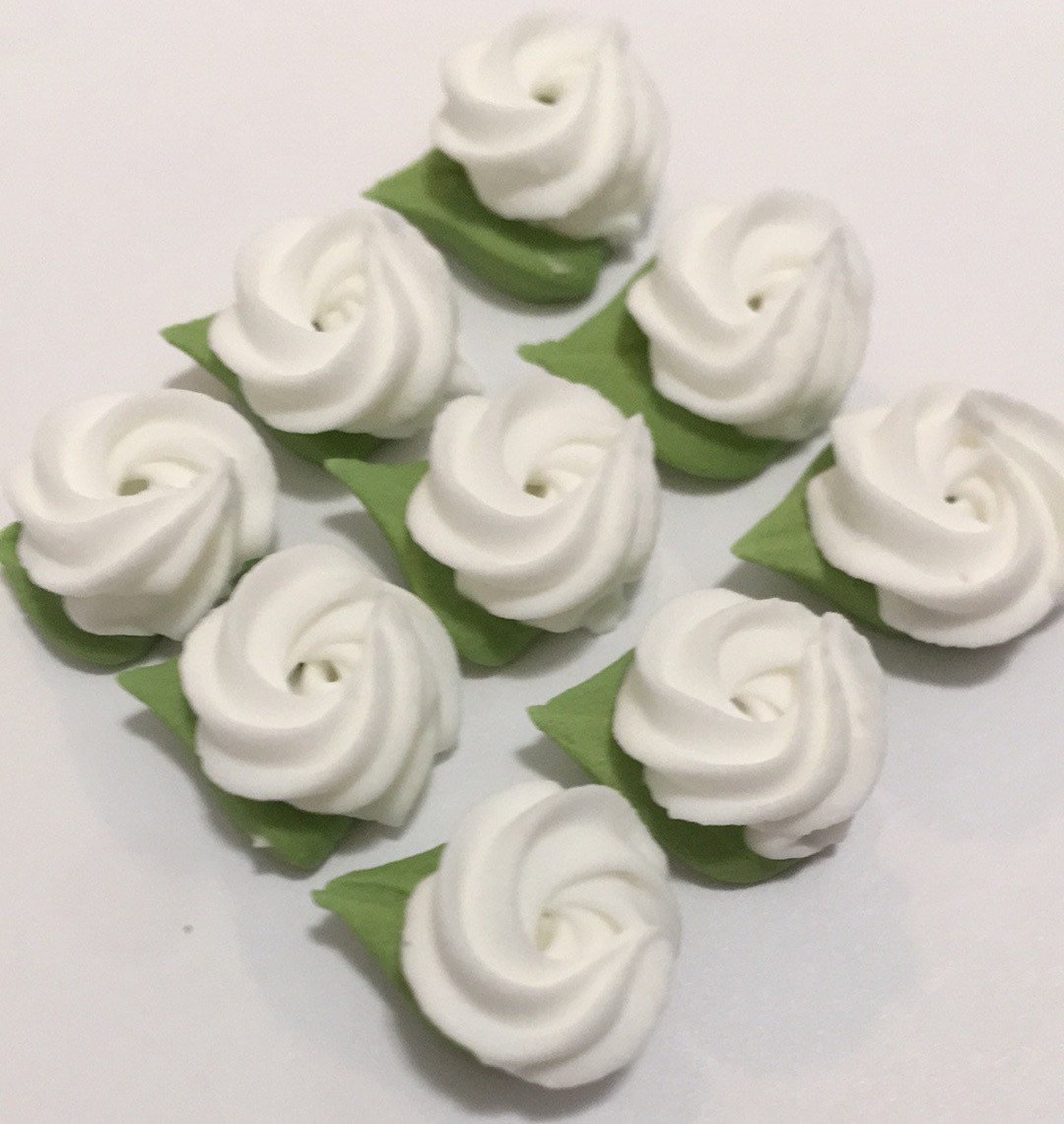 100 White Royal Icing Rosettes With Moss Green Leaf Approx. - Etsy