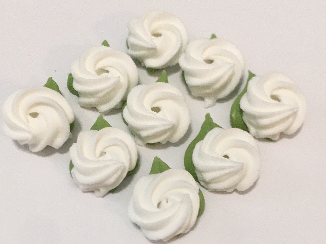 100 White Royal Icing Rosettes With Moss Green Leaf Approx. Size 1/2 - Etsy