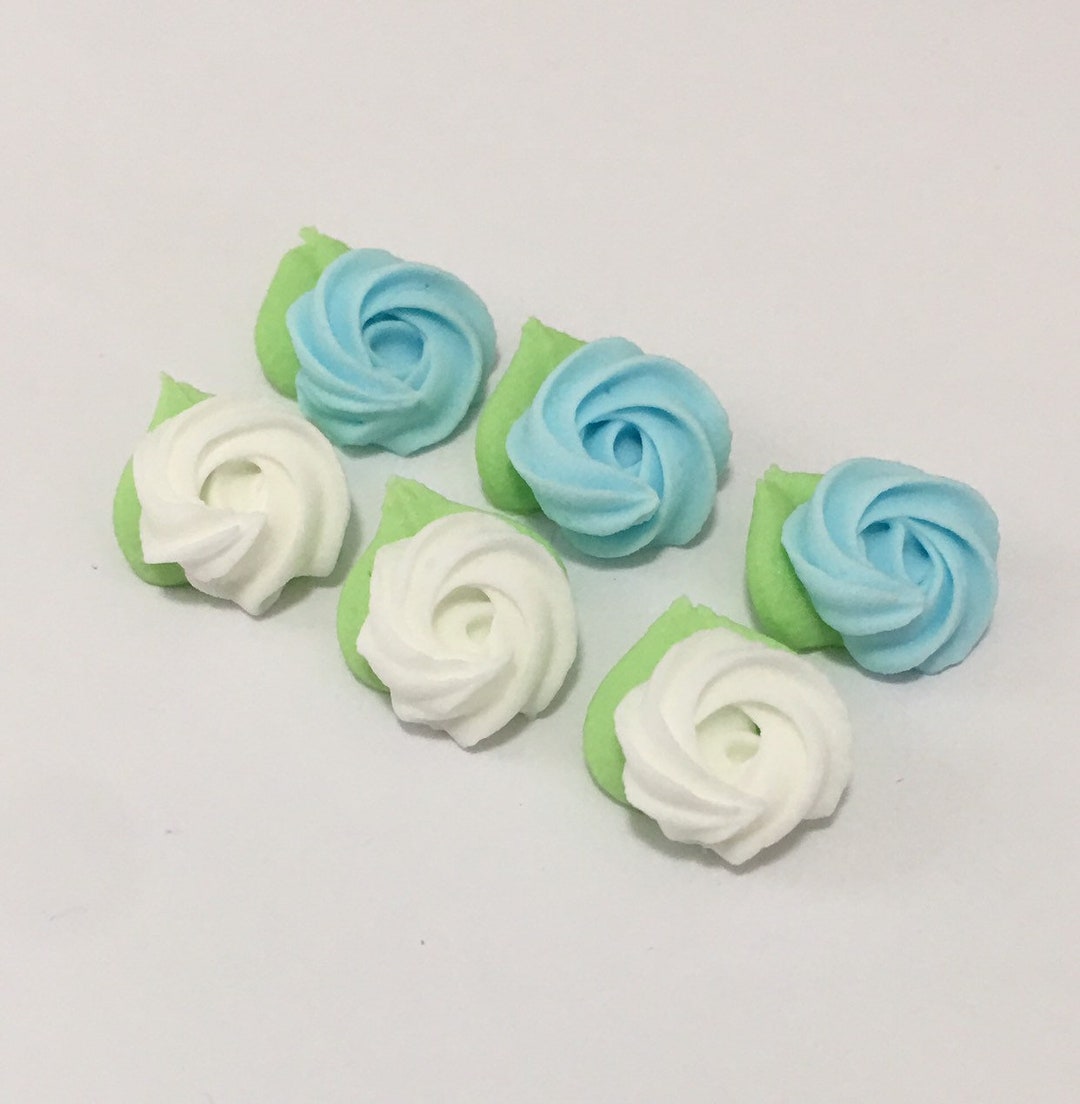 100 Mini Rosettes(50 White 50 Blue) Royal Icing Flowers Approx.size 1/2 ...