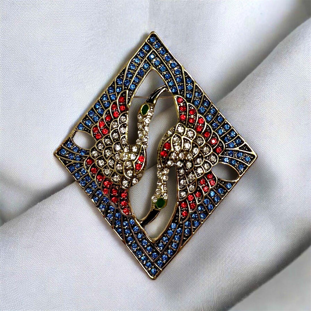 Vintage Style Crystal Crane Brooch | Red, White, and Blue Rhinestone ...