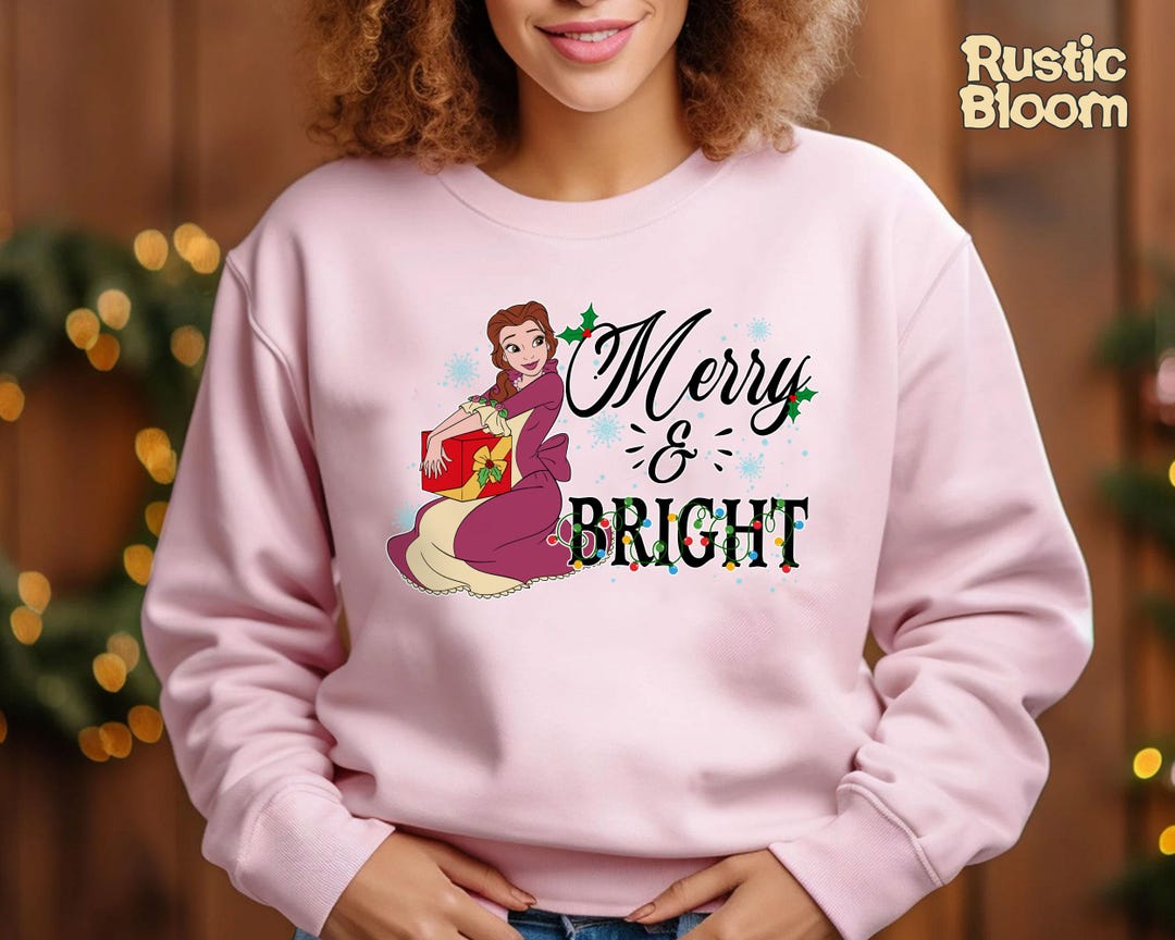 Disney PRINCESS Belle Christmas Sweatshirt 2025, Merry and Bright Shirt ...