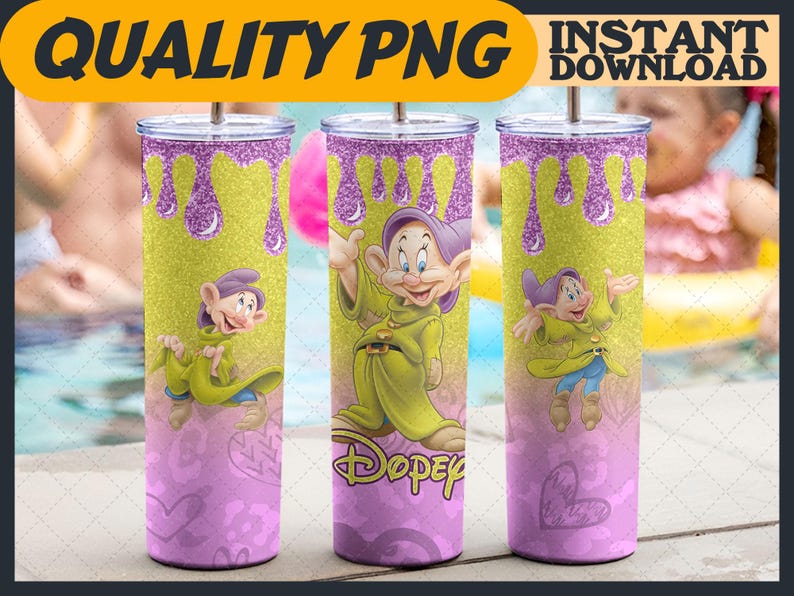 Glitter Dopey Dwarf Tumbler Wrap Sublimation Designs PNG – 20oz Skinny ...