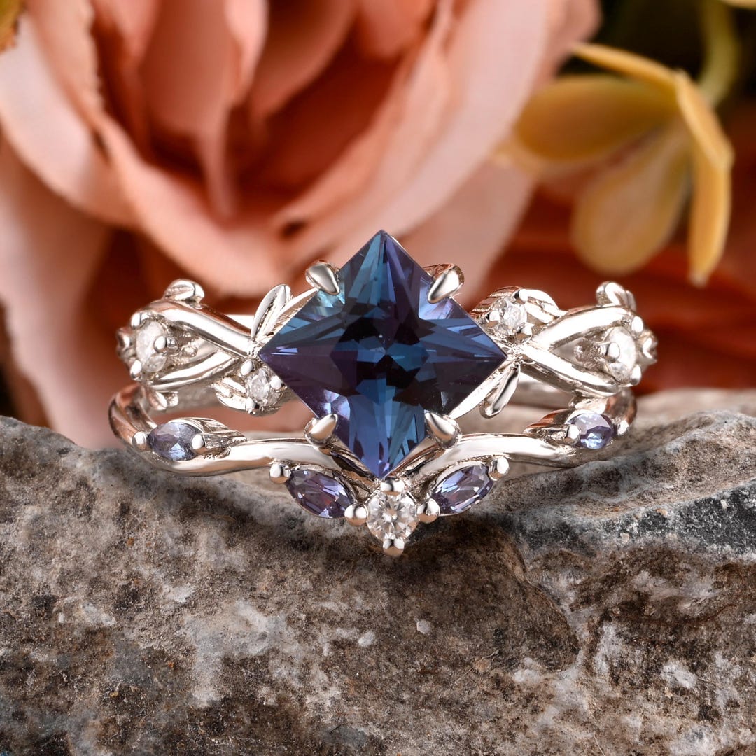 Art Deco Alexandrite Wedding Leaf Ring Set Vintage Princess Cut ...