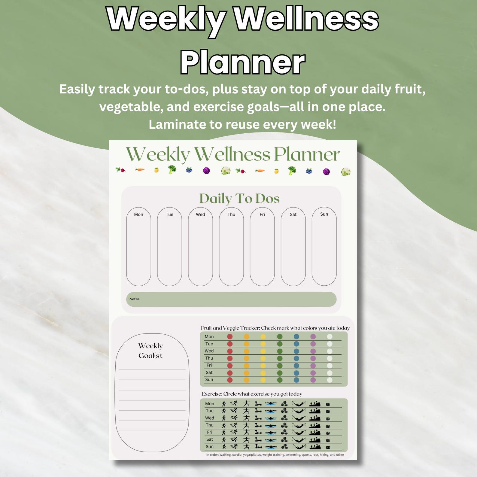 Printable Weekly Wellness Planner – Fruit, Vegetable, Exercise Tracker ...