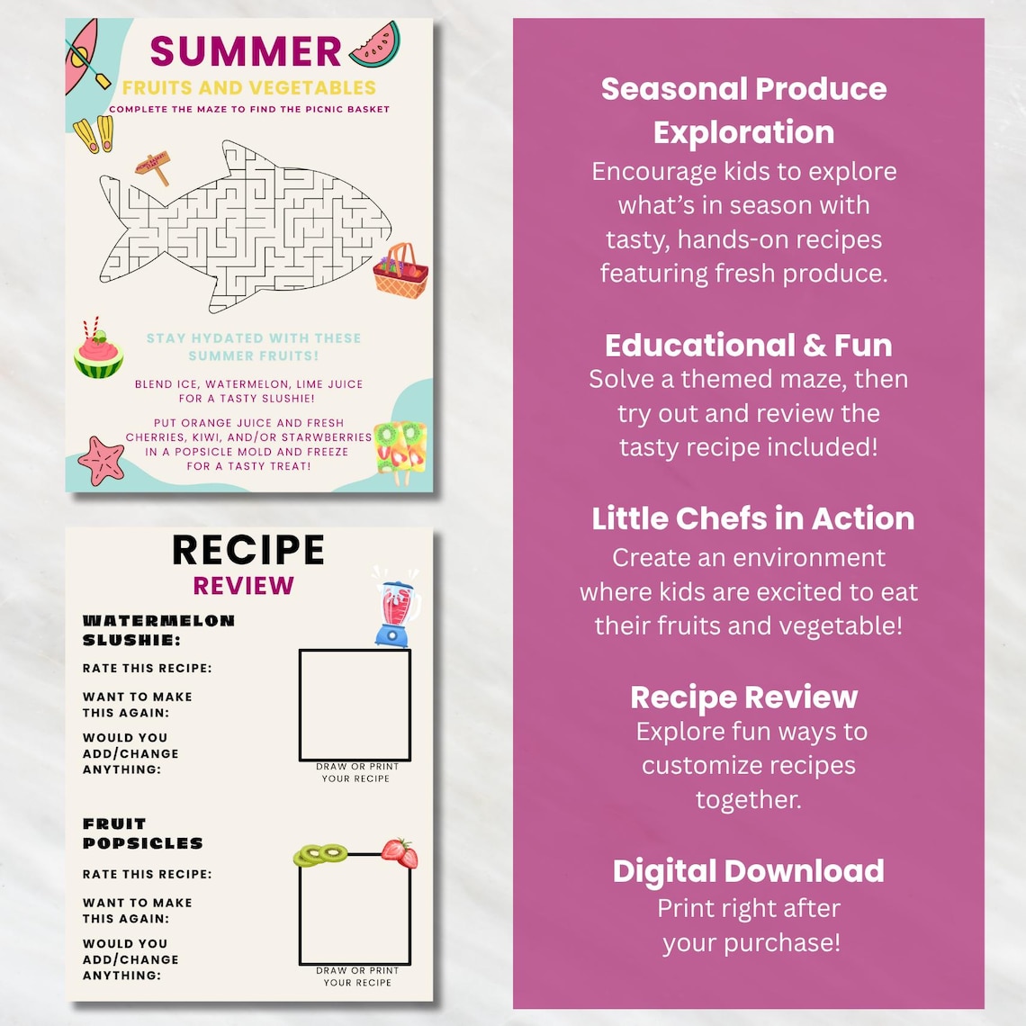 Printable Kids Nutrition Worksheets – Summer Fruits and Vegetables ...