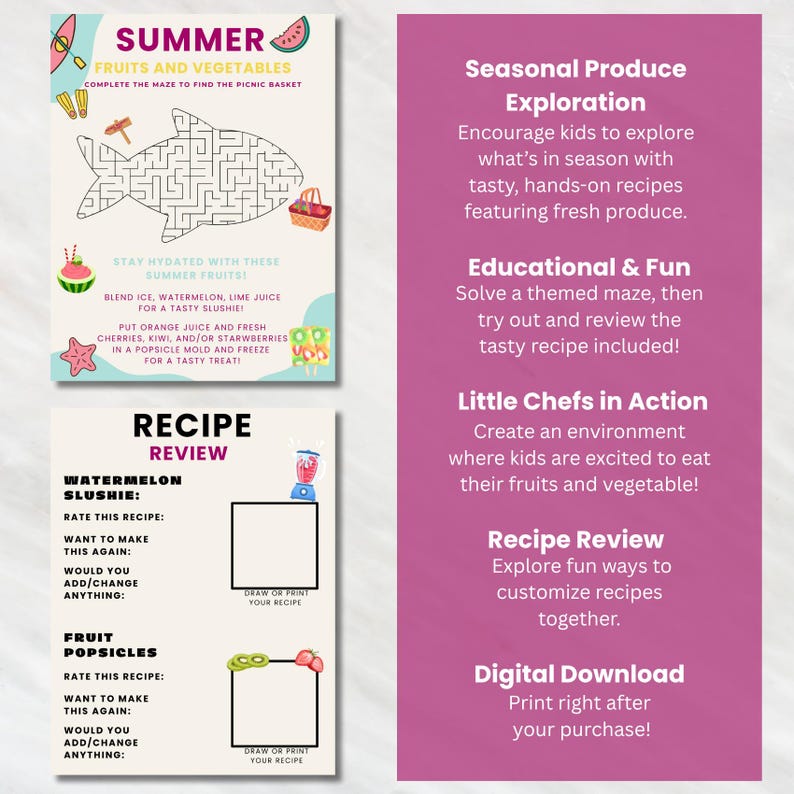 Printable Kids Nutrition Worksheets – Summer Fruits and Vegetables ...