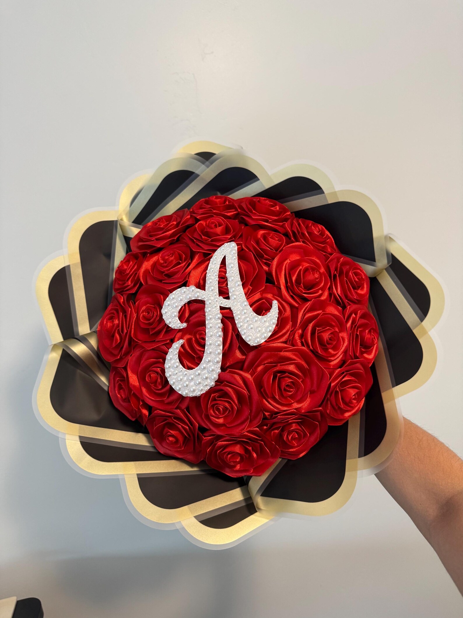 Personalized Eternal Rose Bouquet: Pearl Initial, Custom Ribbon Roses ...